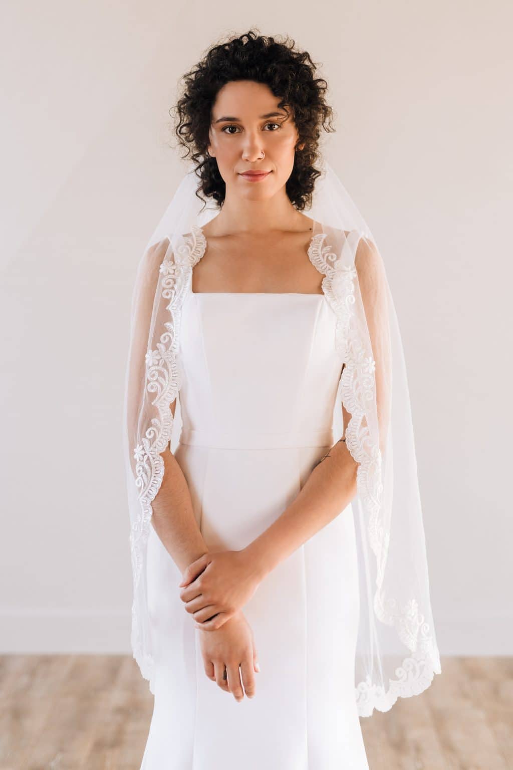 Fingertip Wedding Veil with Lace Trim | Grace + Ivory Wedding Dresses